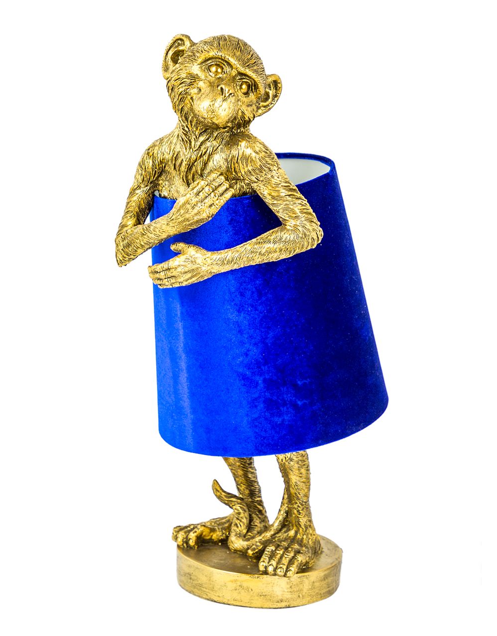 Gold Monkey Table Lamp With Blue Velvet Shade - Papillon Living
